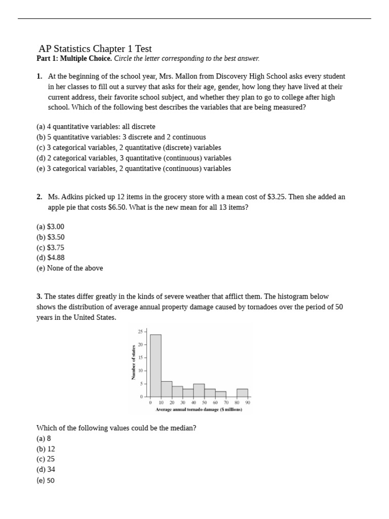 AP Statistics Chapter 1 Test 1 | PDF | Median | Mean
