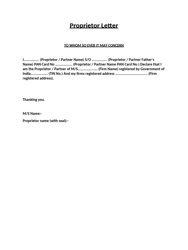 Proprietorship Declaration Letter Format | PDF