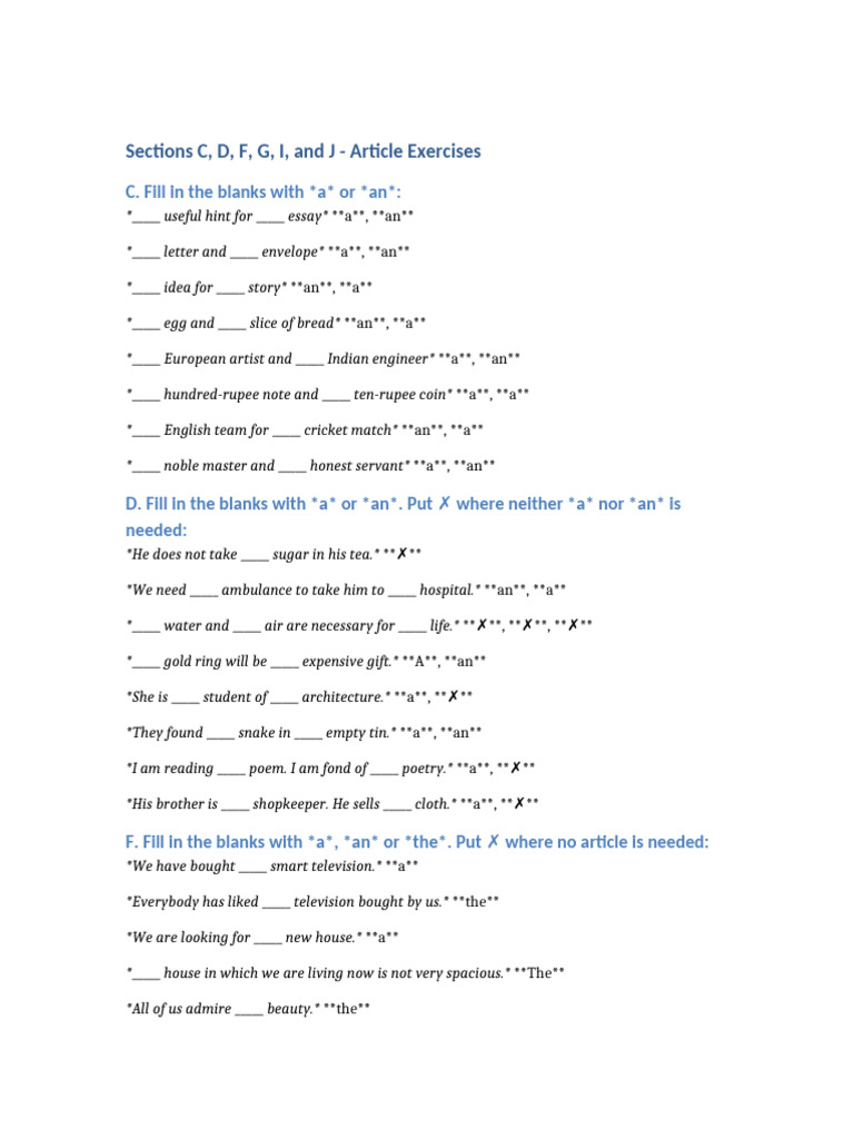 Article Exercises with Answers | PDF