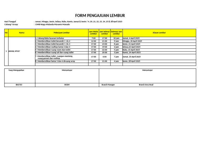Revisi of Form Pengajuan Lembur Cimb Niaga Walanda Maramis - April 2025 | PDF