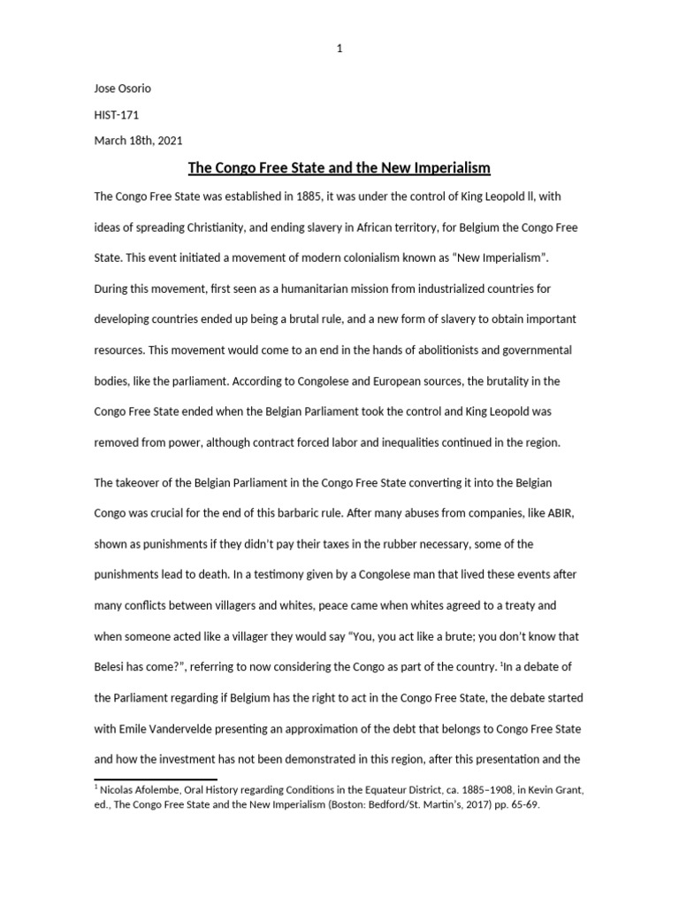 HIST 171 Essay - The Congo Free State and New Imperialism | PDF ...