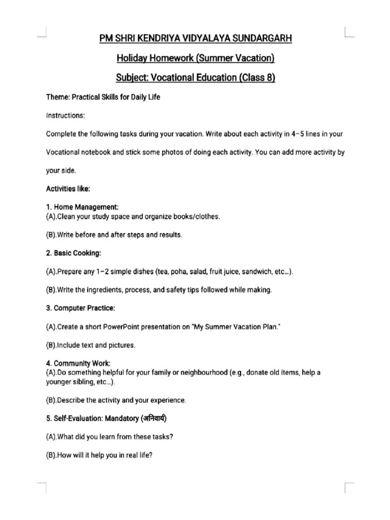 Summer Vacation Practical Skills Tasks | PDF