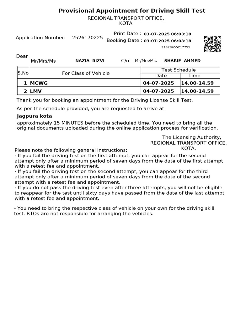 Provisional Appointment For Driving Skill Test: 1 MCWG 04-07-2025 14.00 ...