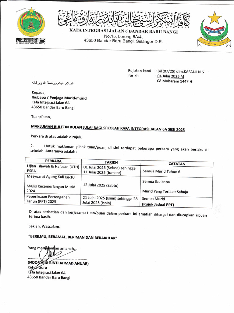 Makluman Buletin & Jadual PPT Julai 2025 (Kafai Jalan 6a) - 1 | PDF
