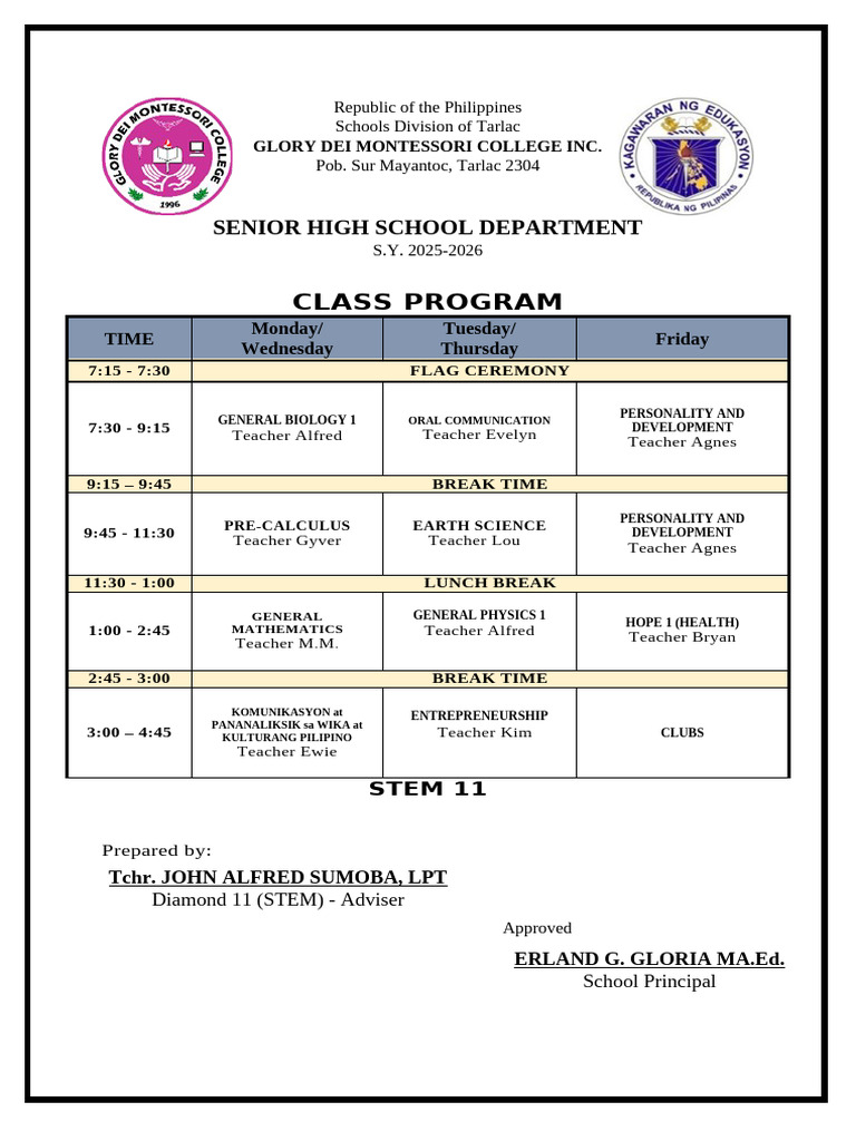 Final Shs Class Schedule 11 | PDF
