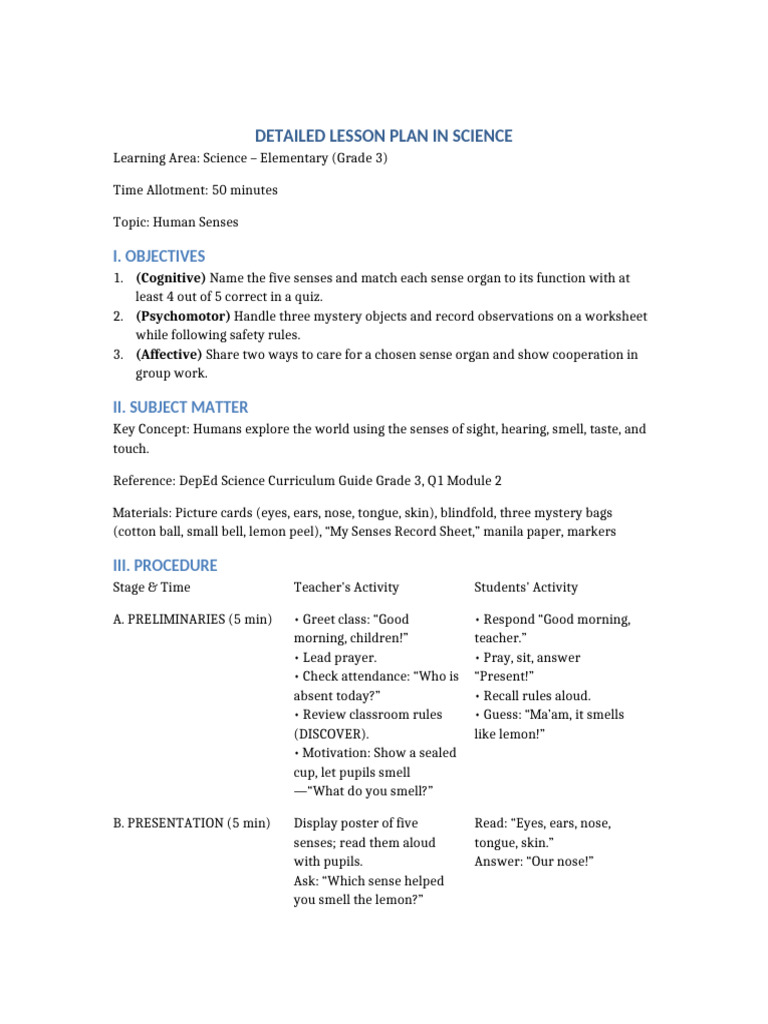 Lesson Plan Human Senses 50min | PDF | Senses | Neuroscience