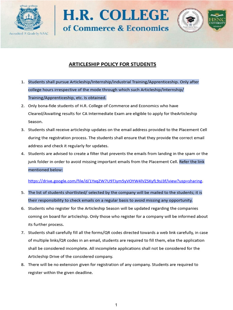 Articleship Policy For Students 2025-26 | PDF