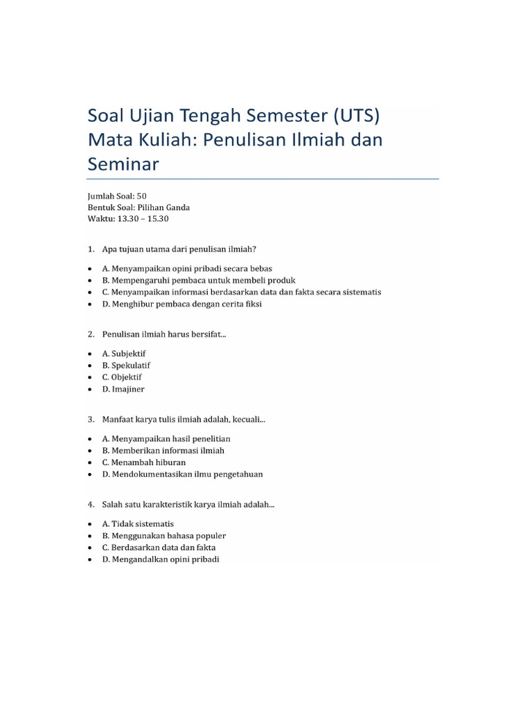 Soal UTS Penulisan Ilmiah Dan Seminar IFA | PDF