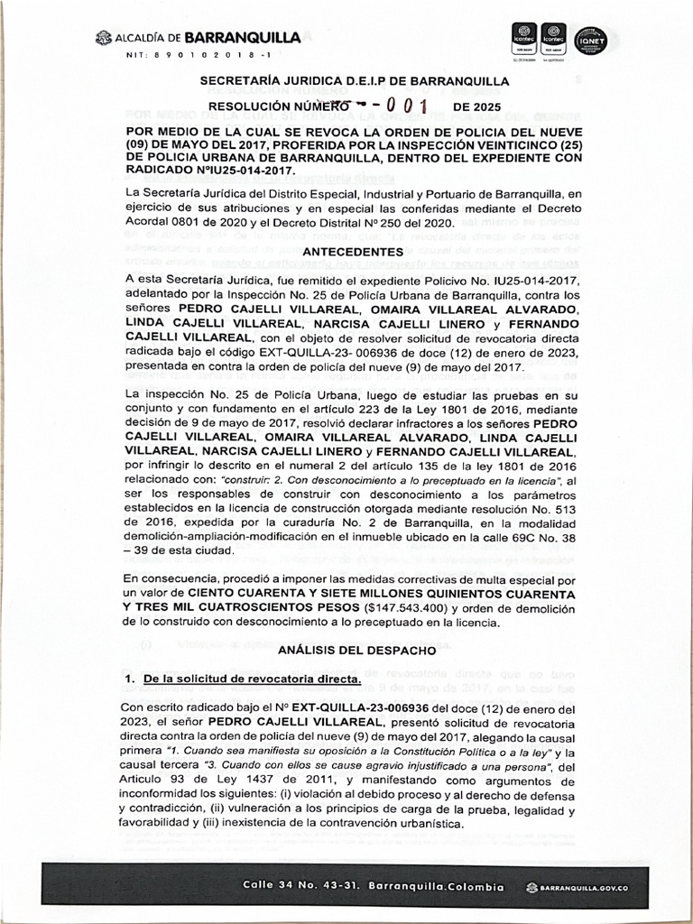 Resol. 001 de 2025. Exp. Iu25-014-2017 | PDF