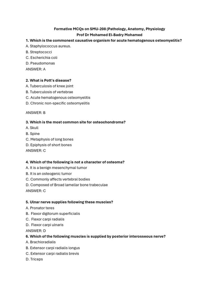 Question Bank MCQs On SMU-208 First Week (Anatomy, Pathology ...