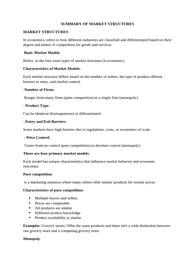 Basic Economics 2. Summary of Market Structures | PDF | Monopoly ...