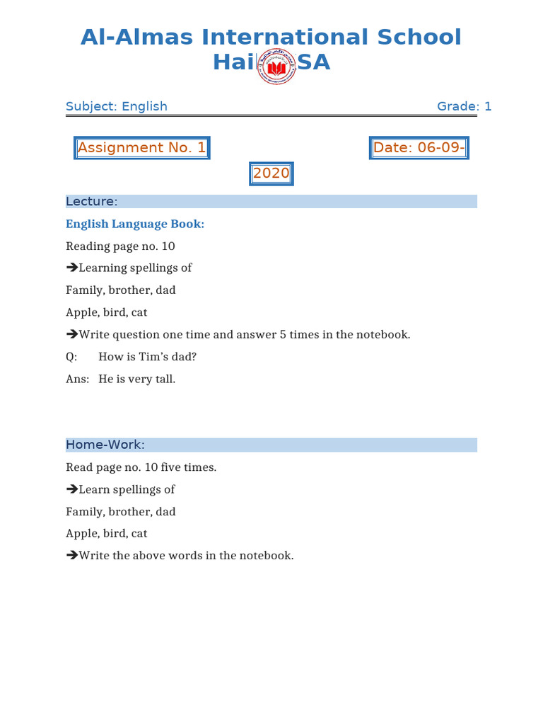 Grade 1 English Assignments Overview | PDF | English Language | Subject ...