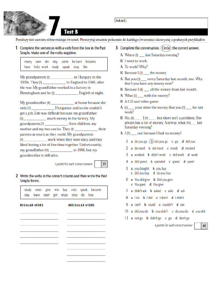 Simple Past Practice Test Headway 4th Edition Elementary | PDF