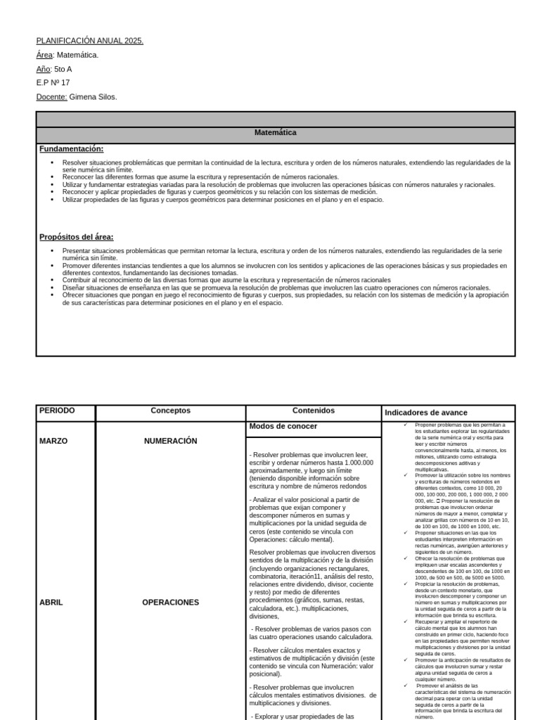 Planificacion Anual de Matematica de 5to | PDF | División (Matemáticas) | Triángulo
