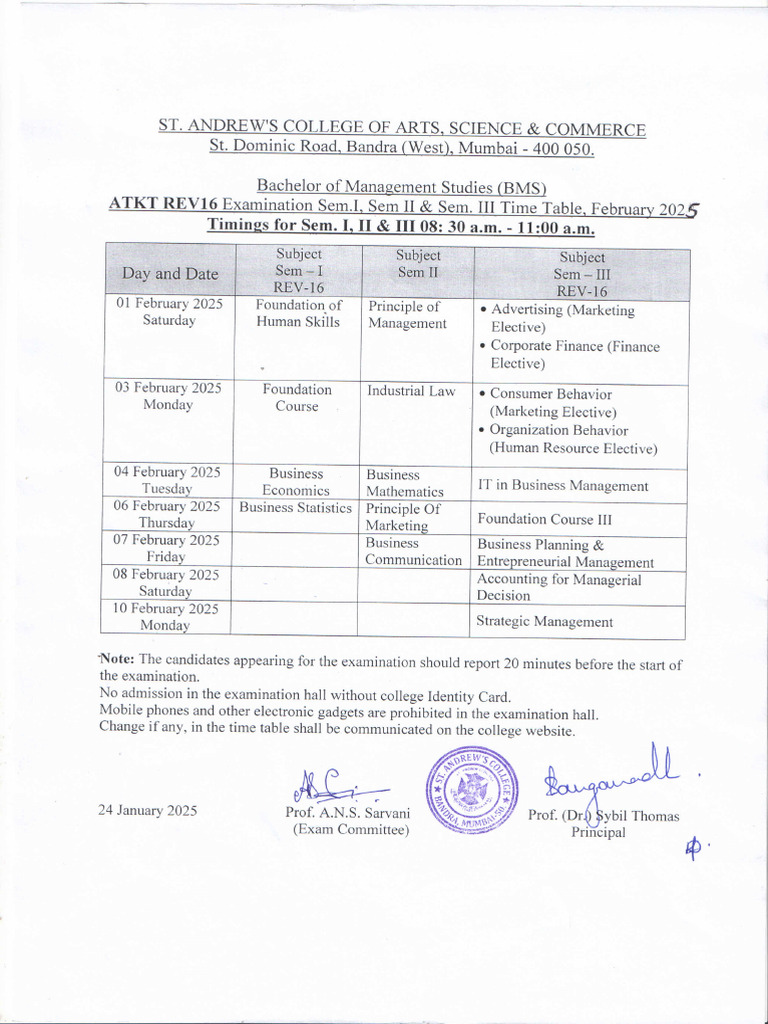Bms Sem I II III Atkt Exam TT Feb 2025 | PDF