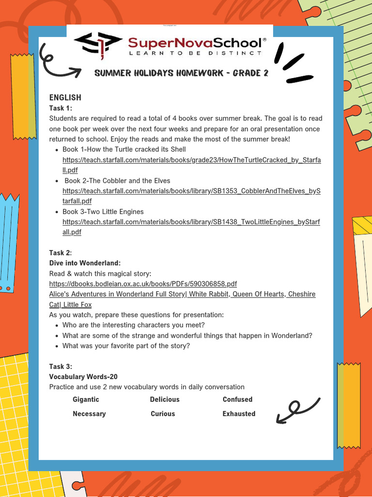 Grade 2 Summer Homework Tasks | PDF | Lewis Carroll | Alice's ...