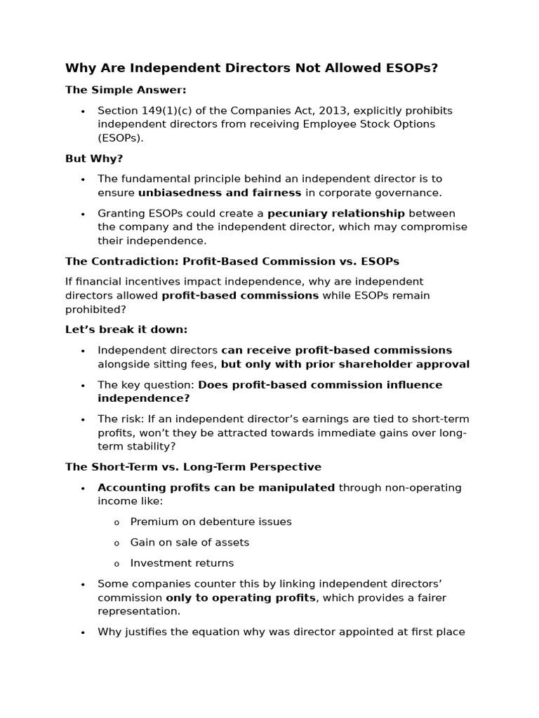 Why Are Independent Directors Not Allowed ESOPs | PDF | Stocks | Risk