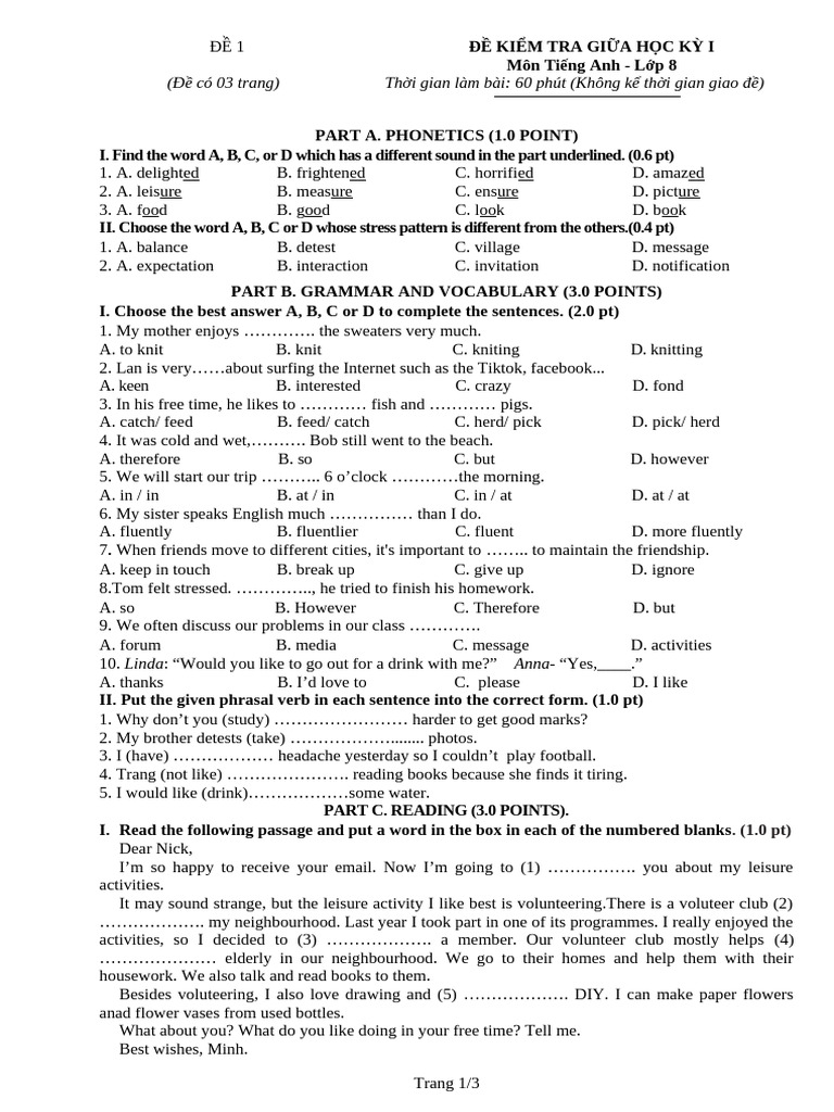 3. Đề Anh 8 Gk1 Giao Thiện | PDF