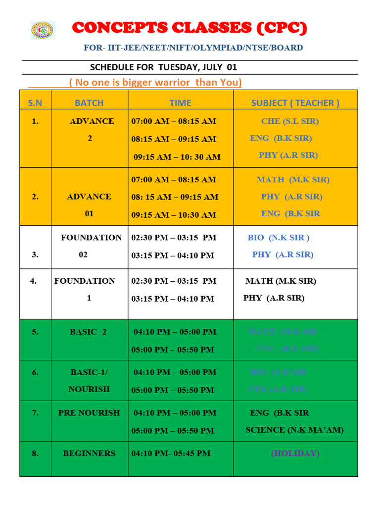 Concepts Classes Schedule 01 July | PDF