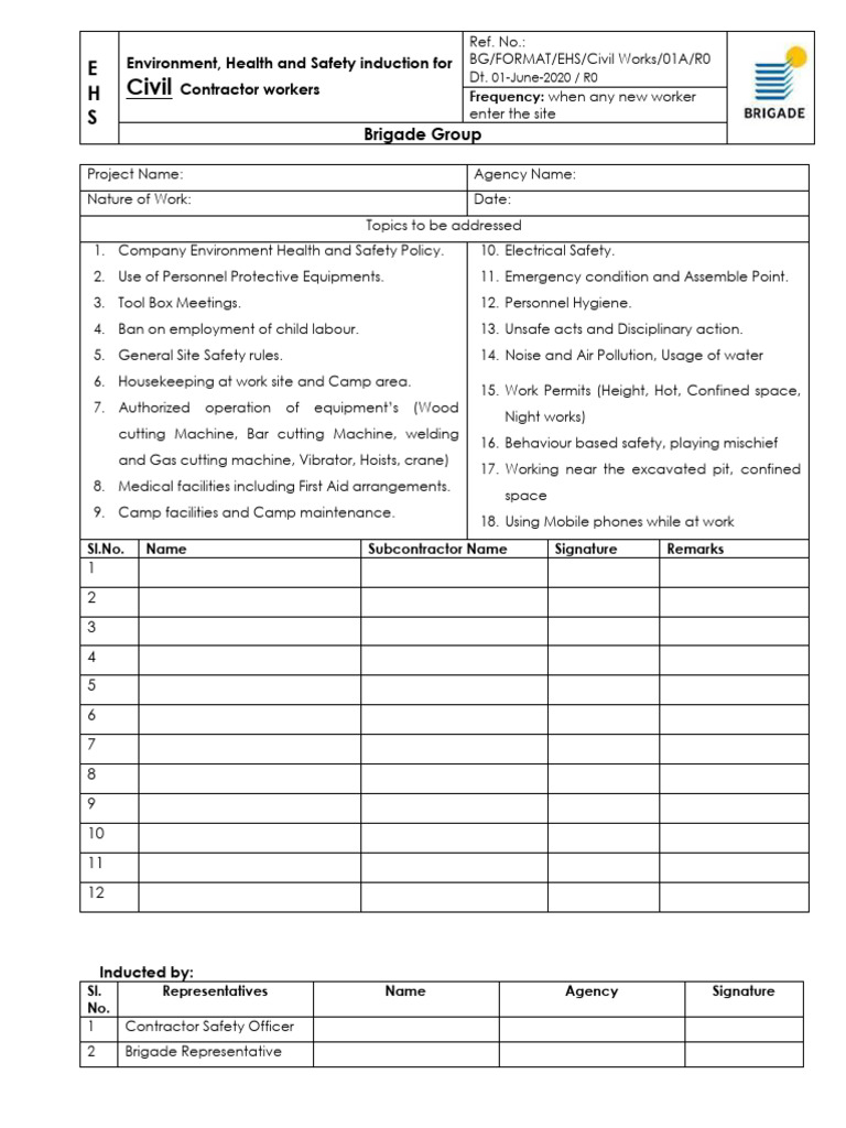 EHS Induction for Civil Contractors | PDF