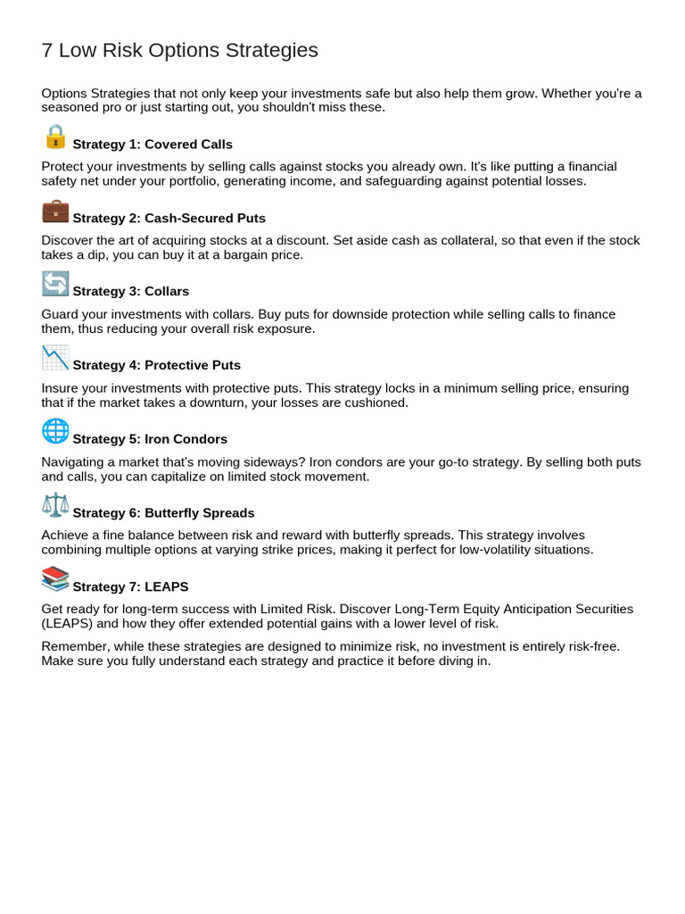 7 Low Risk Options Strategies Explained | PDF