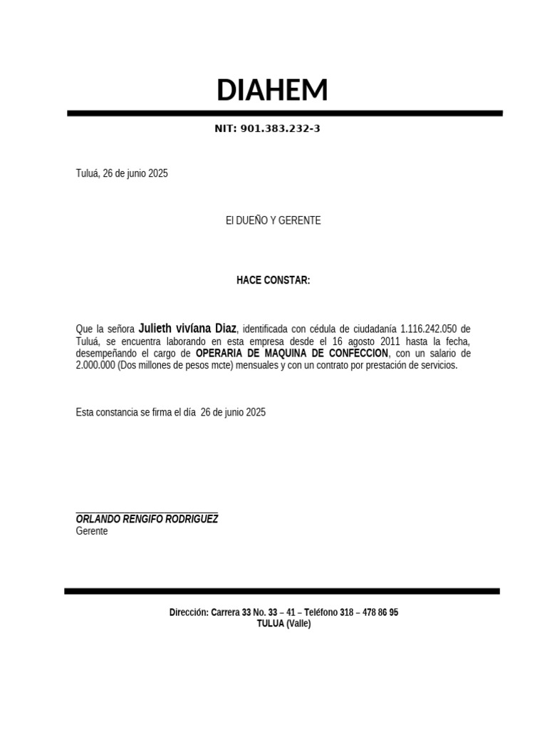 Carta Laboral Julieth Diaz | PDF