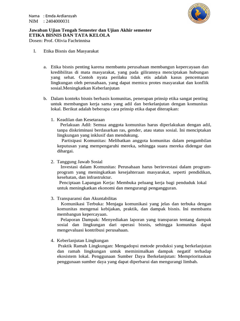 Jawaban UTS-UAS Etika Bisnis Dan Tatakelola - Emda Ardiansyah | PDF