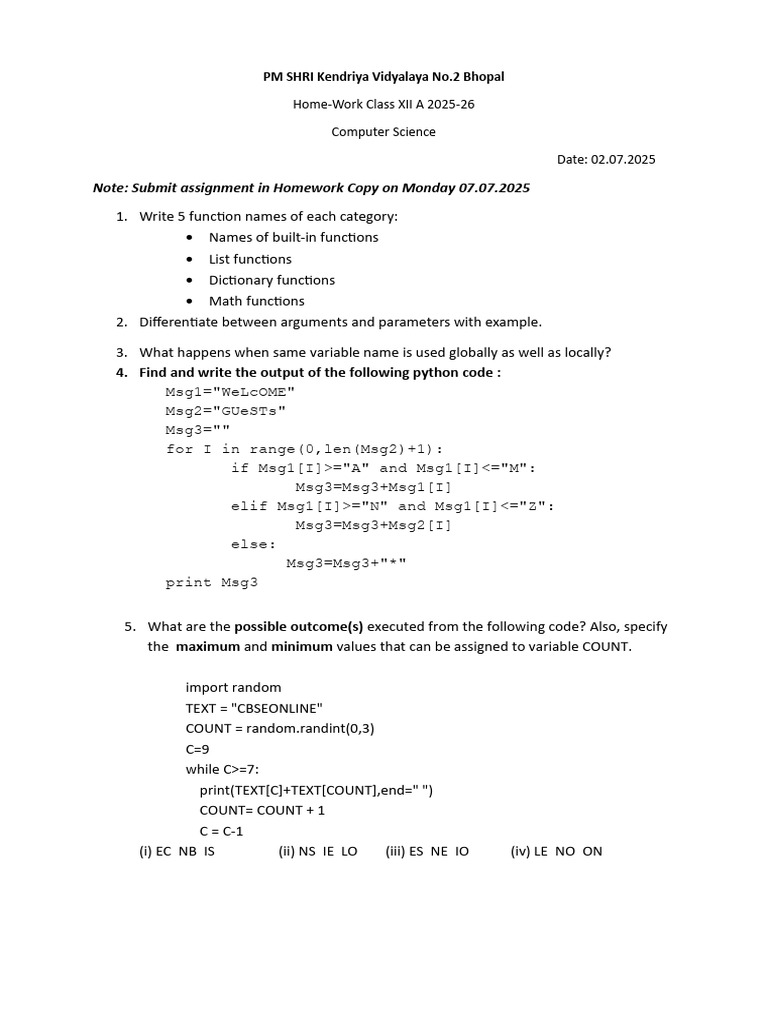 Homework Function XII A 02.07.2025 | PDF | Parameter (Computer ...