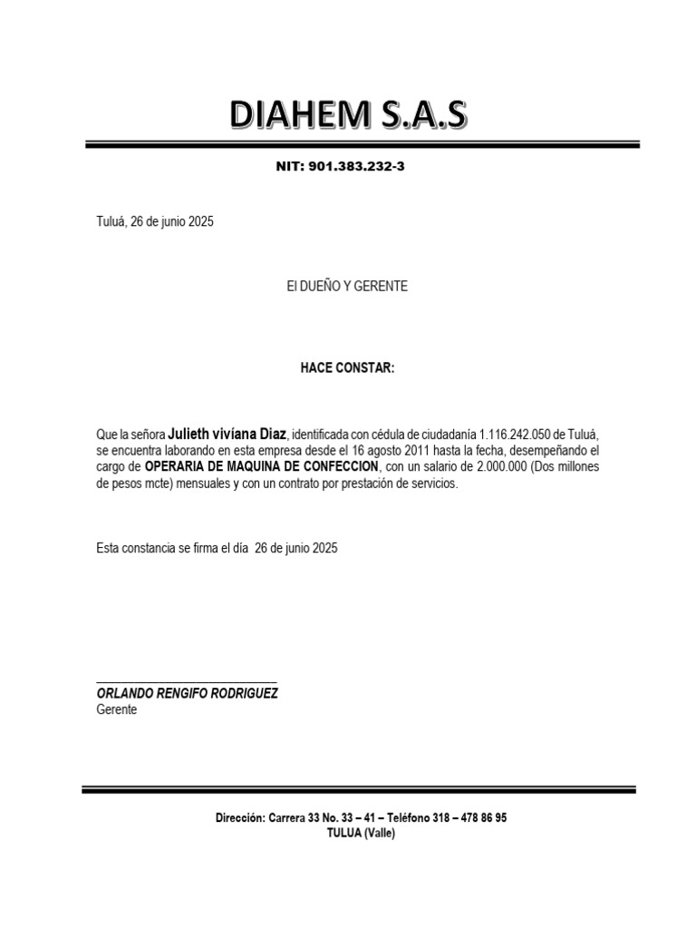 Carta Laboral Julieth Diaz | PDF