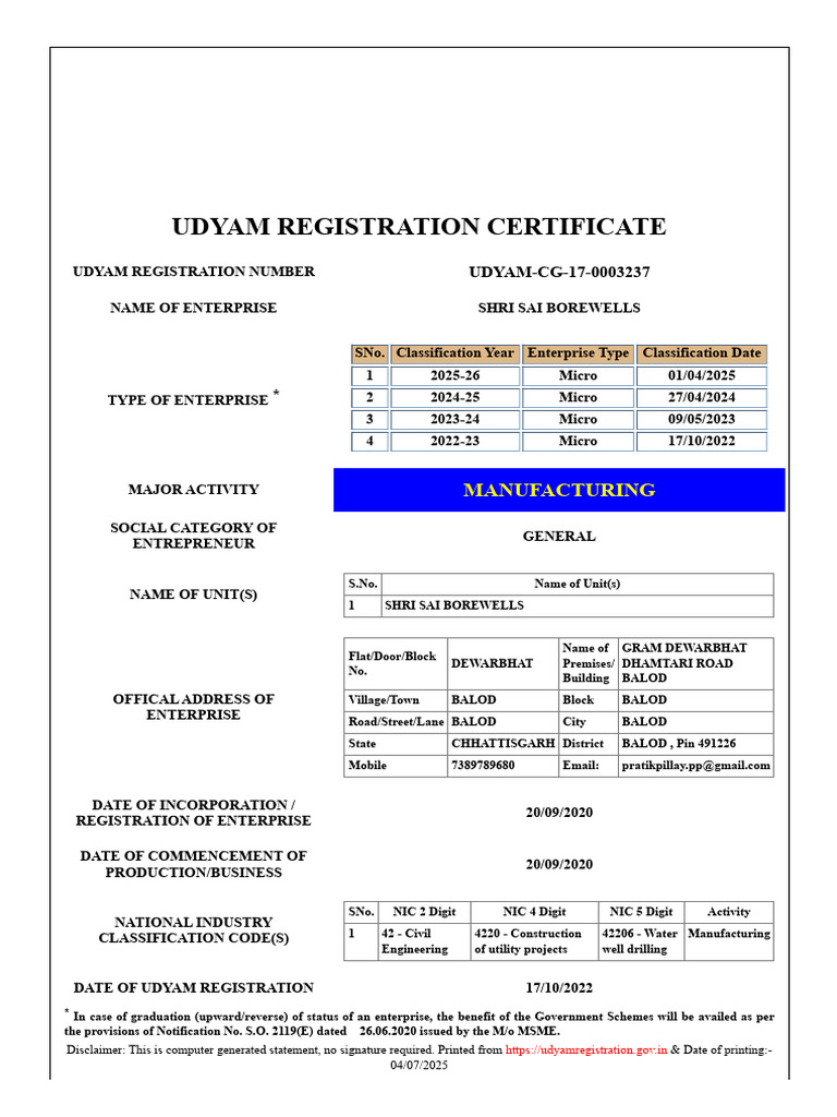 Print - Udyam Registration Certificate | PDF