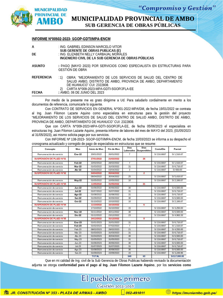 INFORME N°502-2023 Informe de Actividades de ESPECIALISTA EN ESTRUCTURAS MAYO 2023 | PDF