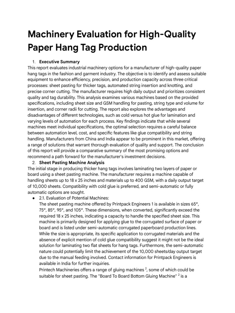 Machinery Evaluation for Hang Tag Production | PDF | Adhesive | Automation