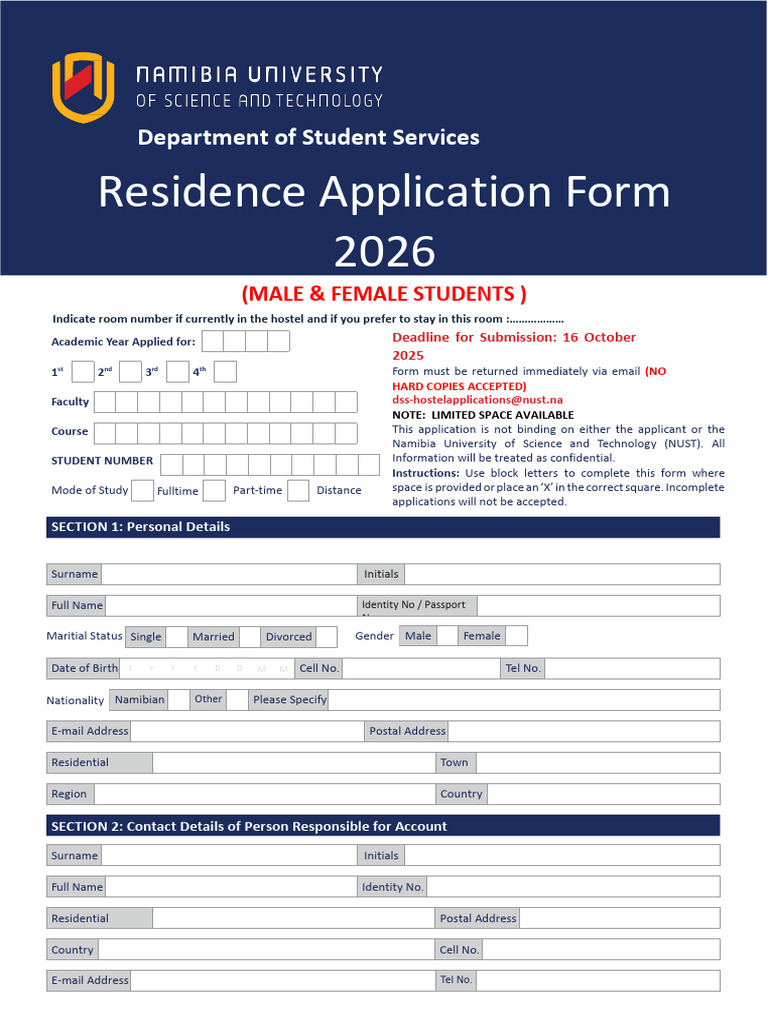 NUST 2026 Residence Application Form | PDF