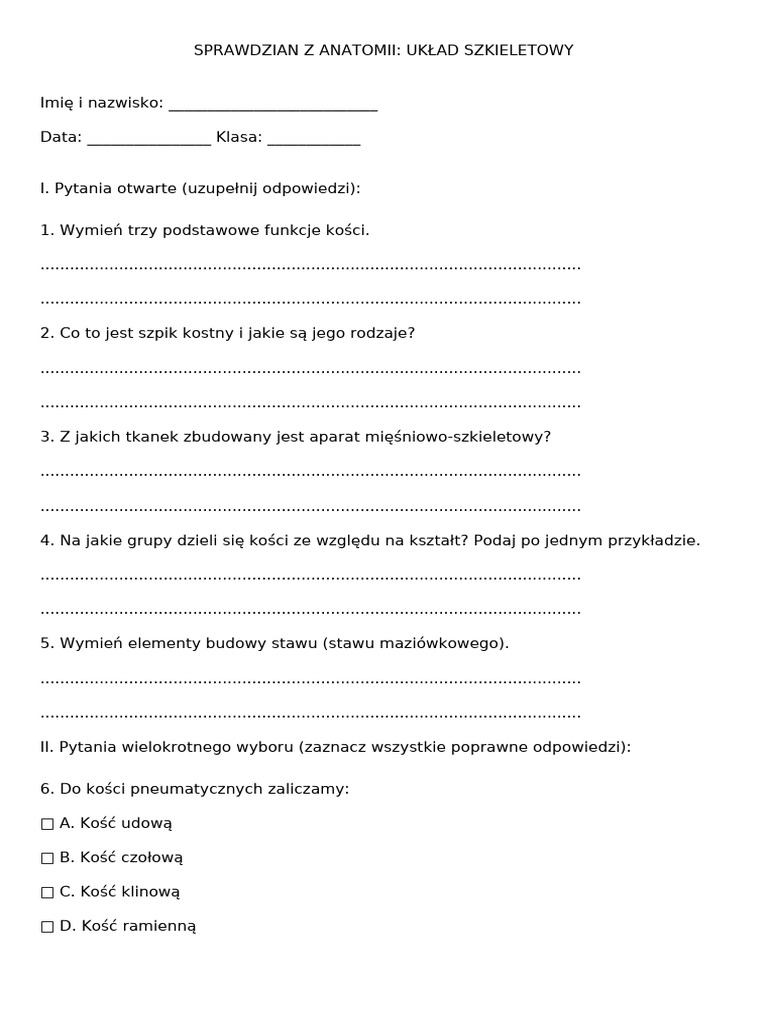 Sprawdzian Uklad Szkieletowy | PDF