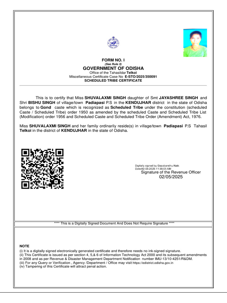 Scheduled Tribe Certificate for Shuvalaxmi Singh | PDF