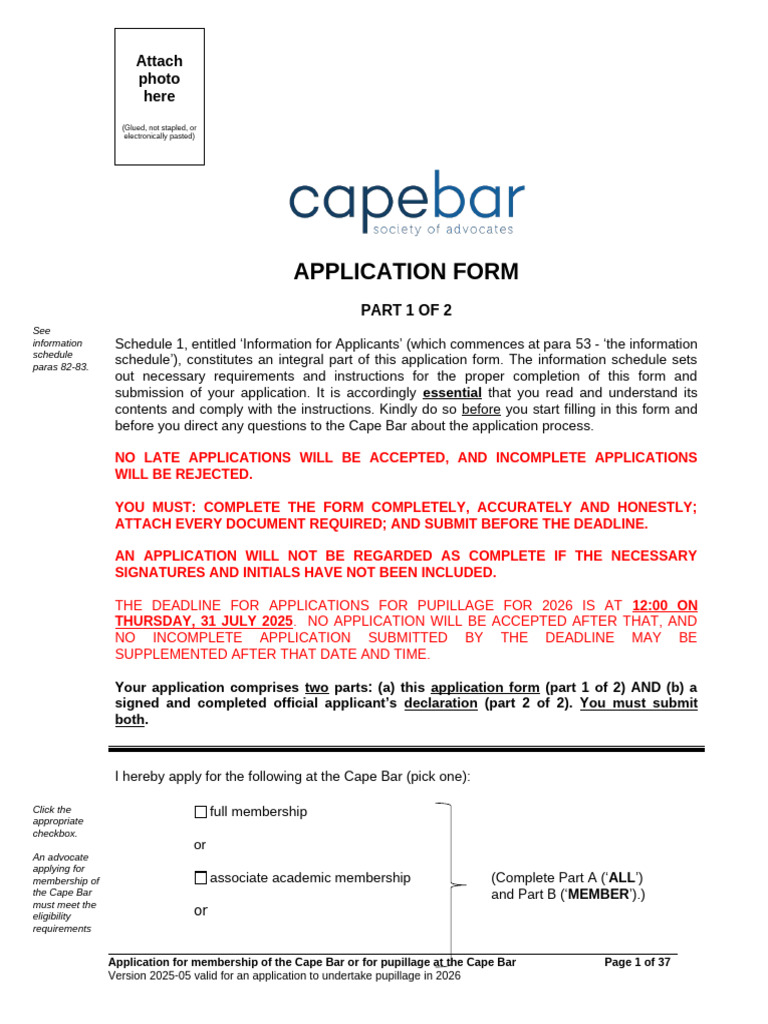 2025 05 Cape Bar Application Form For Membership and Pupillage in 2026 | PDF | Advocate | Justice