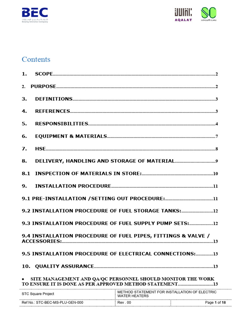 Fuel System Installation Method Statement | PDF | Pipe (Fluid ...