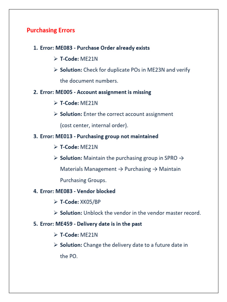 SAP MM Errors and Solutions Guide | PDF | Invoice | Business