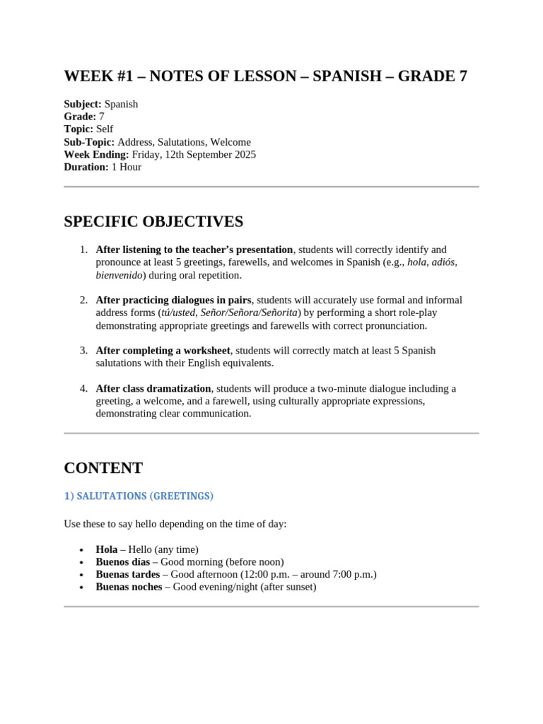 Week #1 - Notes of Lesson - Spanish - Grade 7 | PDF | Spanish Language ...
