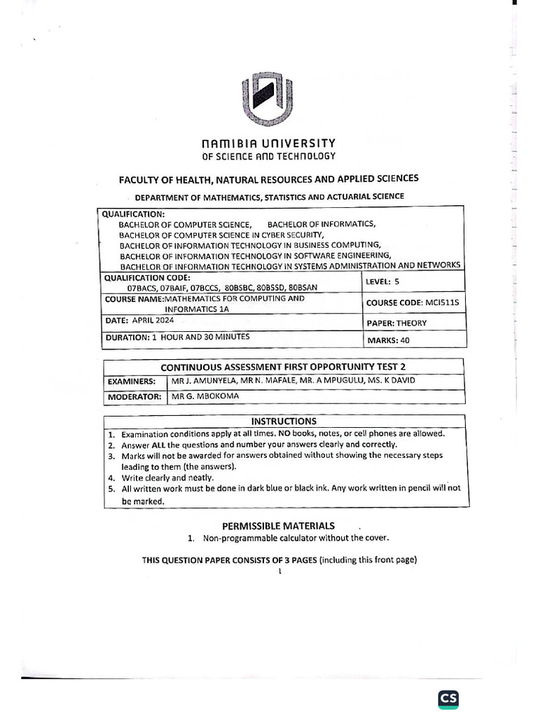 MCI 1A Test 2 - MCI1A - 2024 - Papers - Learnnamibia.com | PDF