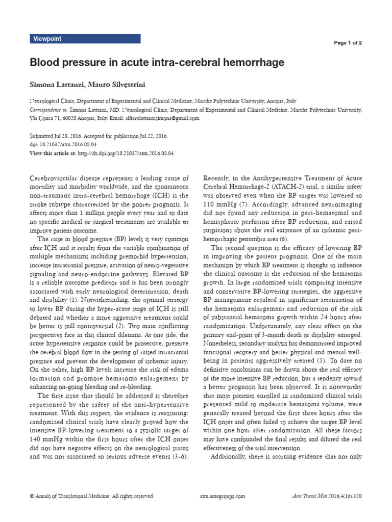 Blood Pressure in Acute ICH | PDF | Stroke | Hypertension
