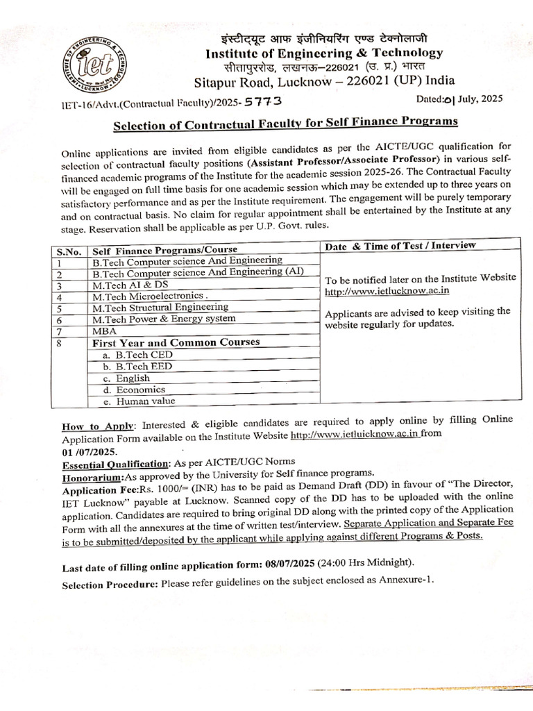Selection of Contractual Faculty For Self Finance Programs 2025-26 ...