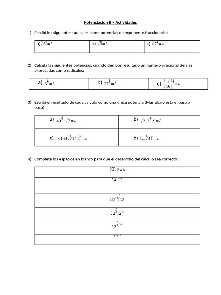 Potenciación II Exp Fracc Actividades | PDF | Campo (Matemáticas) | Teoría de los números