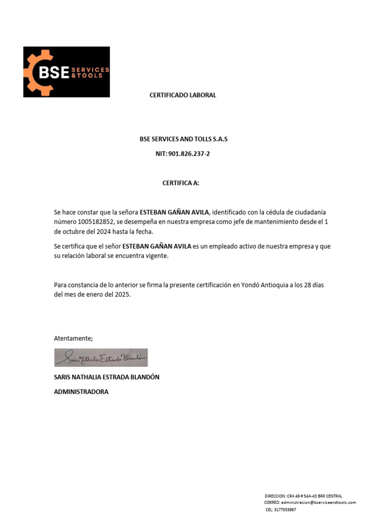 Certificado Laboral Esteban Gañan Avila | PDF