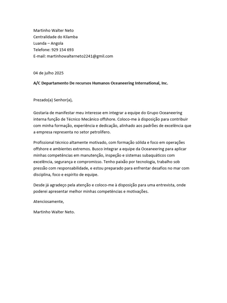 Carta Apresentacao Martinho Walter Neto Oceaneering | PDF
