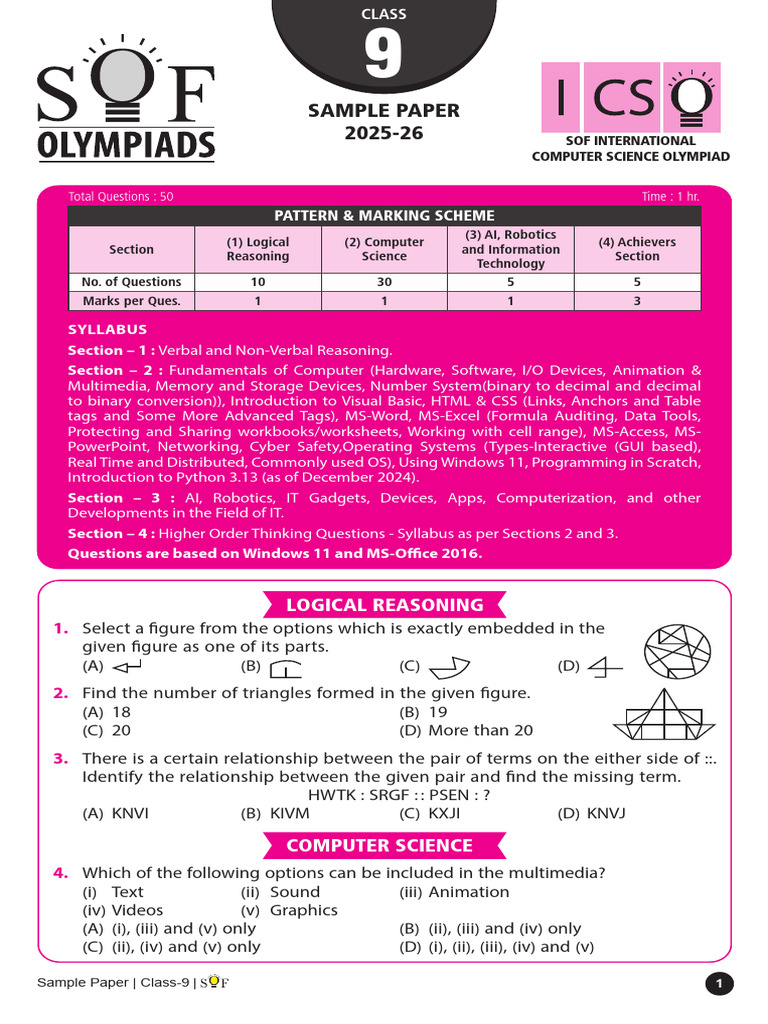 Icso Sample Paper Class-9 2025-26 | PDF | Operating System | Computer ...