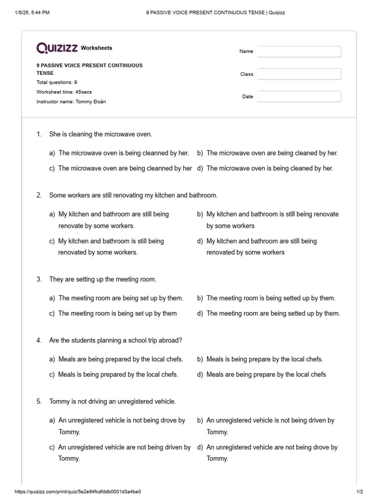 Passive Voice Quiz: Present Continuous | PDF | Kitchen | Chef