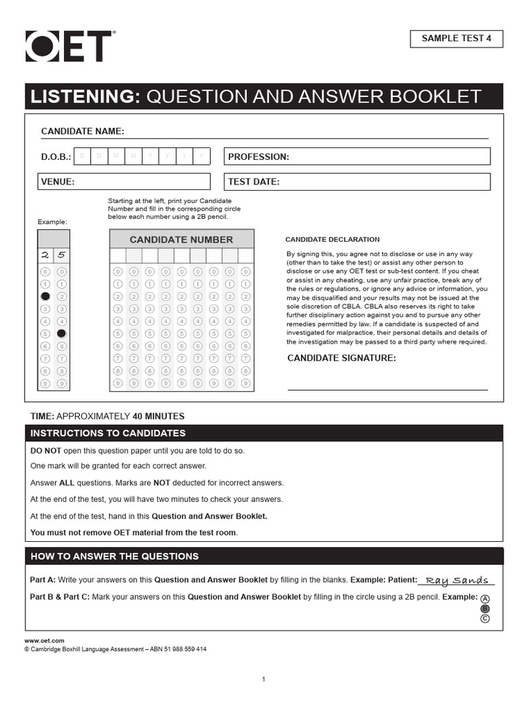 OET Sample Test 4 - Questions | PDF | Wound | Spinal Cord Injury