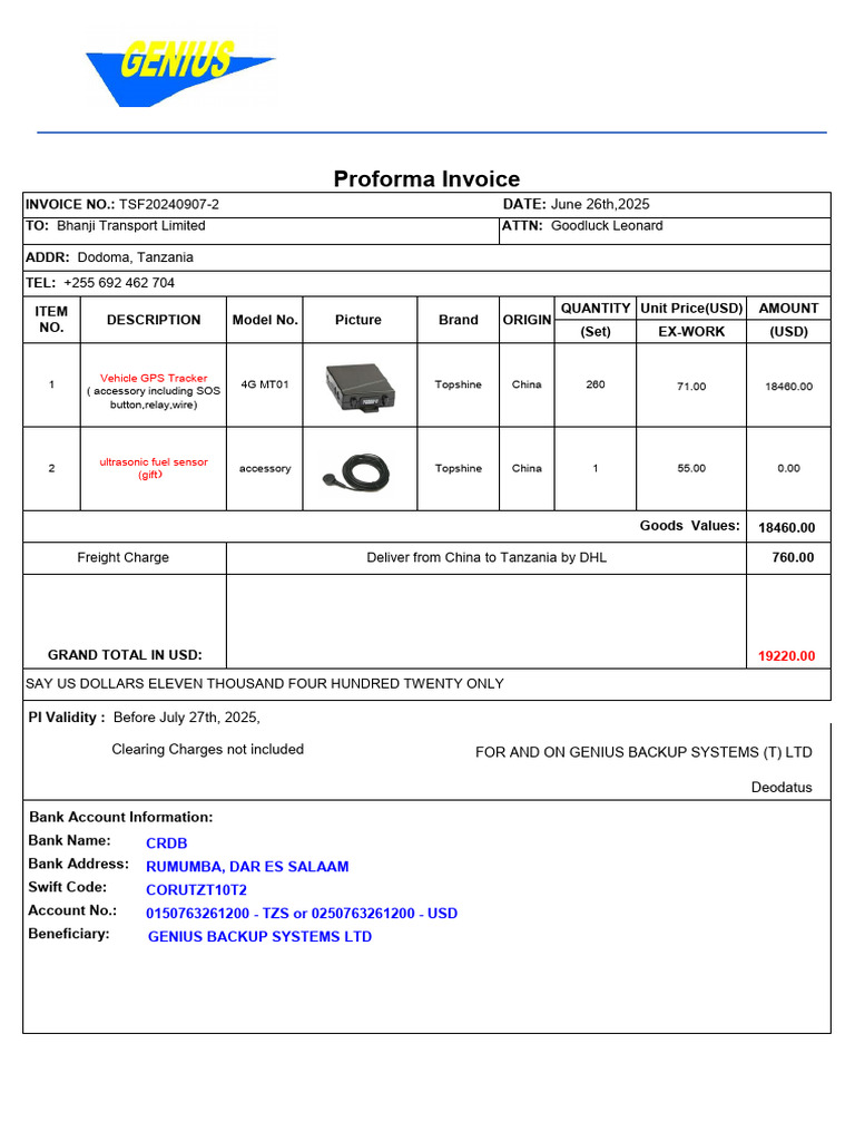 Proforma Invoice For 260 Pcs 4G MT01 GPS Tracker Topshine Fiona ...