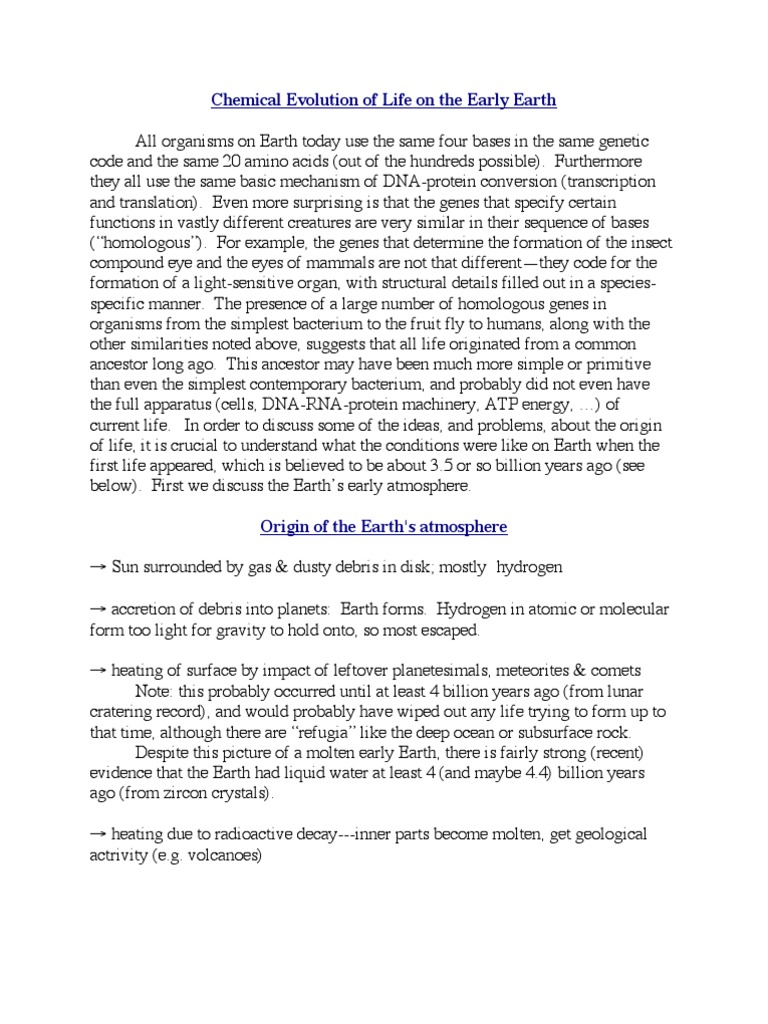 Chemical Evolution of Life On The Early Earth | PDF